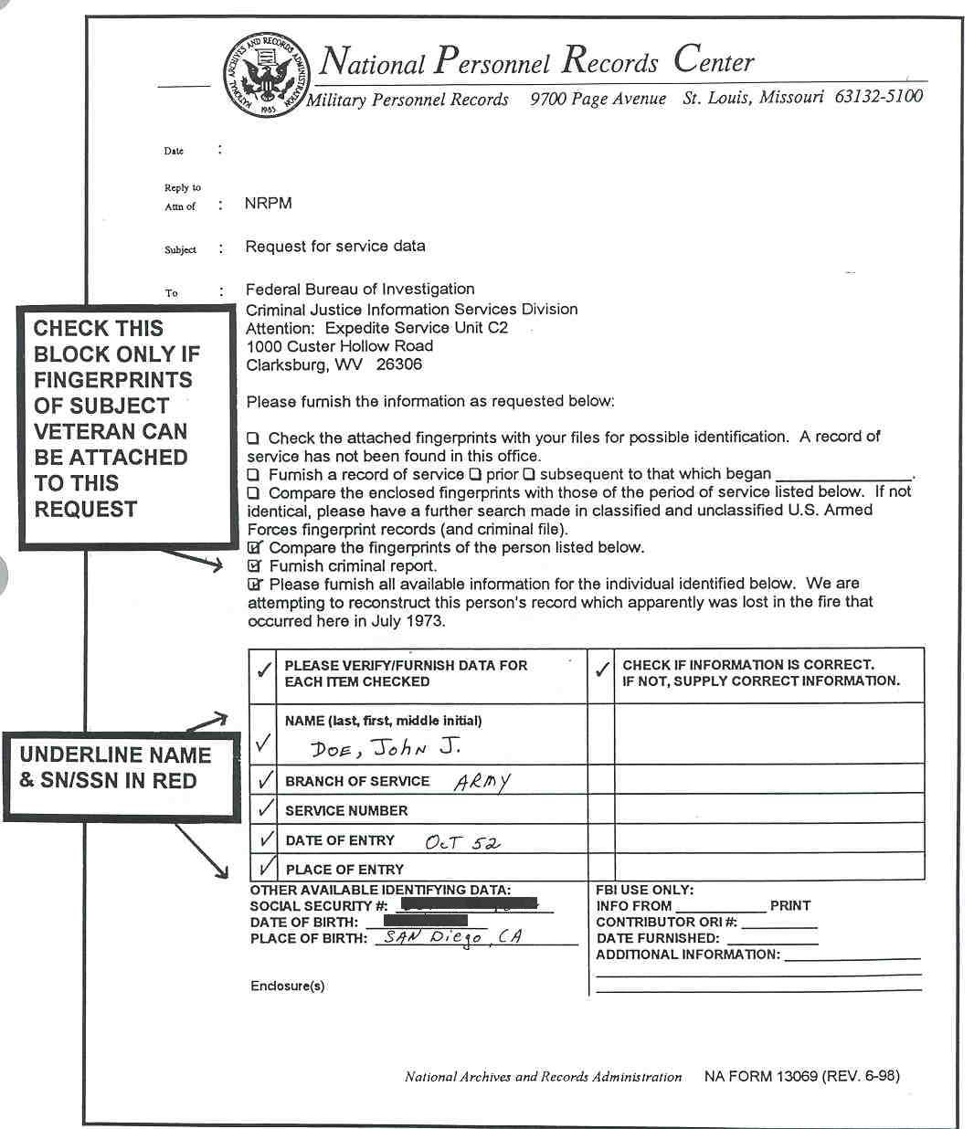 Sample Of Completed NA Form 13069 FBI Identification Letter